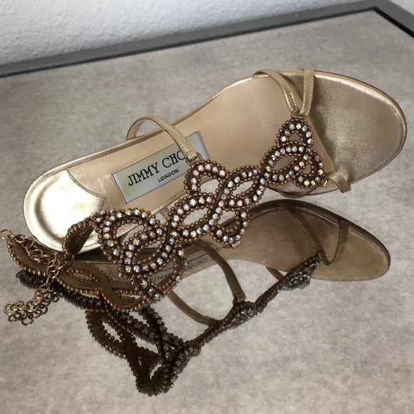 Jimmy Choo Crystal Gold Leather Sandals 35 / 5 Sandals